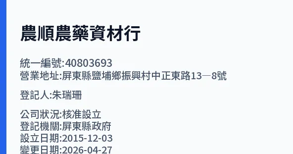 農順農藥資材行的照片-統編 40803693(屏東縣) 公司登記資料與營業項目詳細圖表