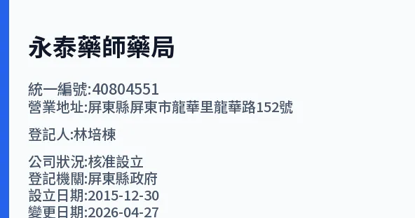 永泰藥師藥局的照片-統編 40804551(屏東縣) 公司登記資料與營業項目詳細圖表