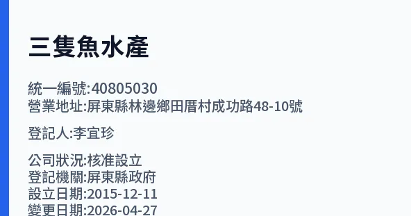 三隻魚水產的照片-統編 40805030(屏東縣) 公司登記資料與營業項目詳細圖表