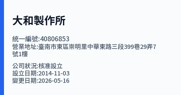 大和製作所的照片-統編 40806853(臺南市) 公司登記資料與營業項目詳細圖表