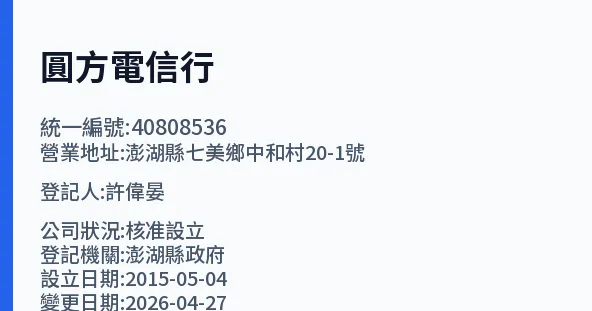 圓方電信行的照片-統編 40808536(澎湖縣) 公司登記資料與營業項目詳細圖表