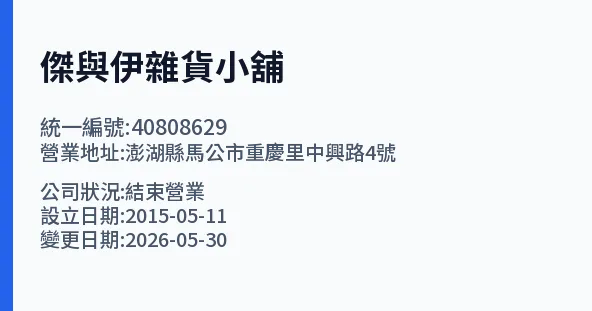 傑與伊雜貨小舖的照片-統編 40808629(澎湖縣) 公司登記資料與營業項目詳細圖表