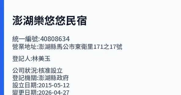 澎湖樂悠悠民宿的照片-統編 40808634(澎湖縣) 公司登記資料與營業項目詳細圖表
