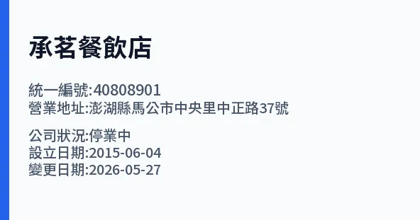承茗餐飲店的照片-統編 40808901(澎湖縣) 公司登記資料與營業項目詳細圖表