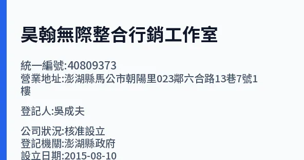 昊翰無際整合行銷工作室的照片-統編 40809373(澎湖縣) 公司登記資料與營業項目詳細圖表