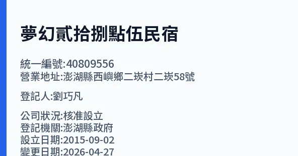 夢幻貳拾捌點伍民宿的照片-統編 40809556(澎湖縣) 公司登記資料與營業項目詳細圖表