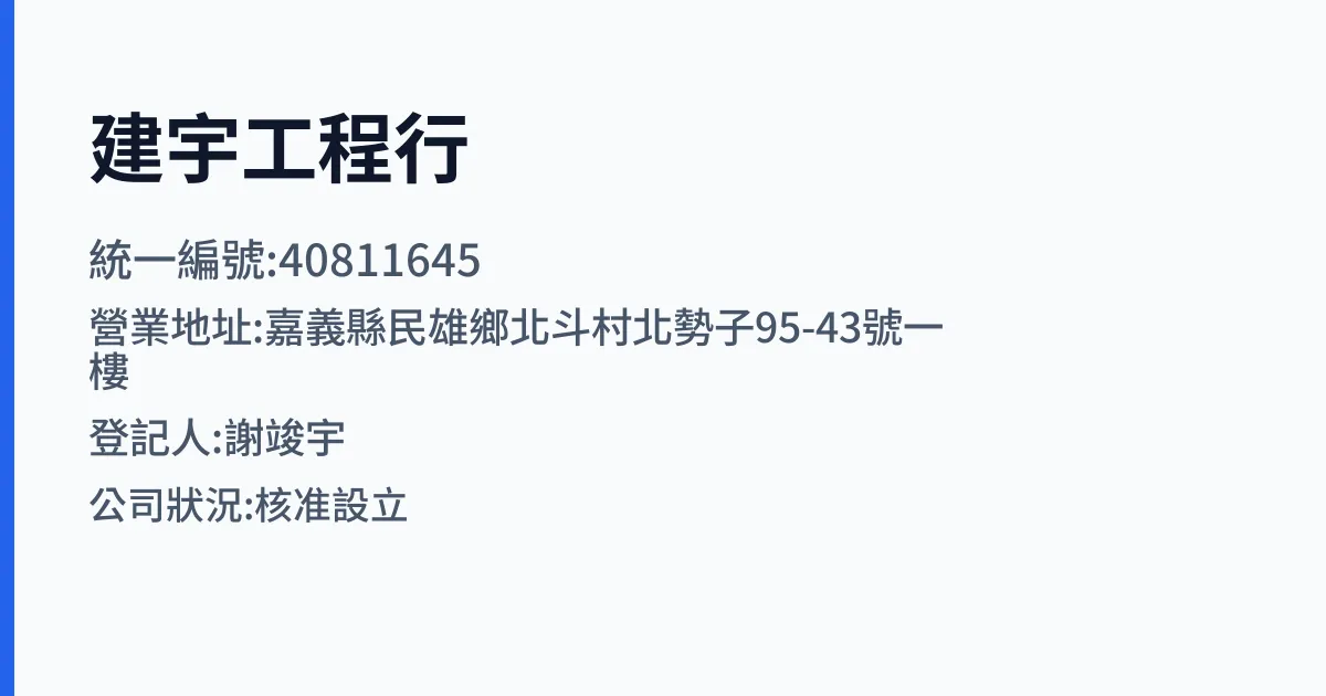 建宇工程行 - 統編 40811645(嘉義縣) 公司登記資料與營業項目詳細圖表