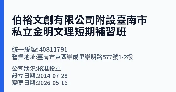 伯裕文創有限公司附設臺南市私立金明文理短期補習班的照片-統編 40811791(臺南市) 公司登記資料與營業項目詳細圖表