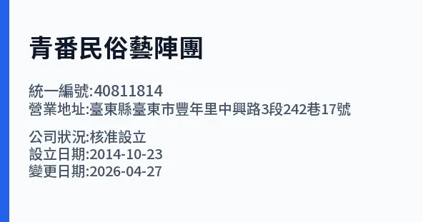 青番民俗藝陣團的照片-統編 40811814(臺東縣) 公司登記資料與營業項目詳細圖表