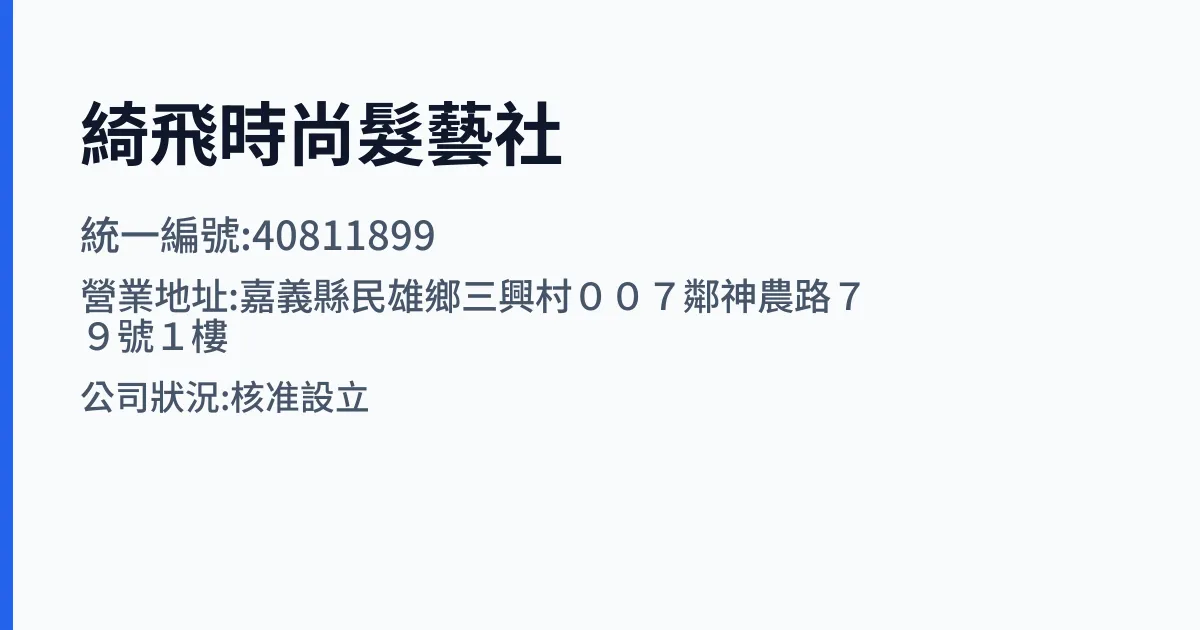 綺飛時尚髮藝社 - 統編 40811899(嘉義縣) 公司登記資料與營業項目詳細圖表