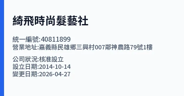 綺飛時尚髮藝社的照片-統編 40811899(嘉義縣) 公司登記資料與營業項目詳細圖表
