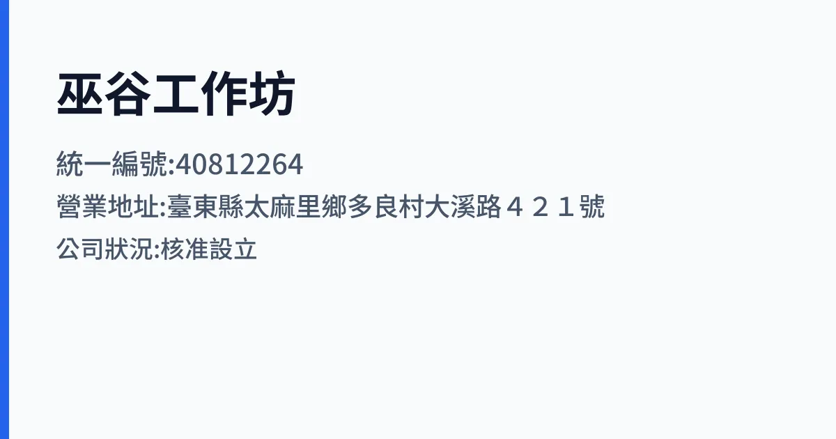 巫谷工作坊 - 統編 40812264（臺東縣） 公司登記資料與營業項目詳細圖表