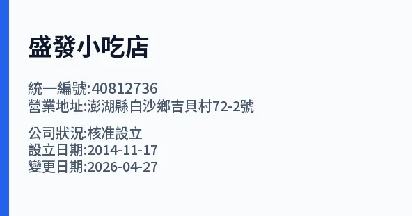 盛發小吃店的照片-統編 40812736(澎湖縣) 公司登記資料與營業項目詳細圖表