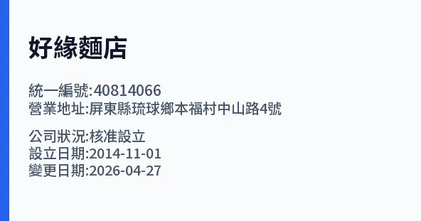 好緣麵店的照片-統編 40814066(屏東縣) 公司登記資料與營業項目詳細圖表