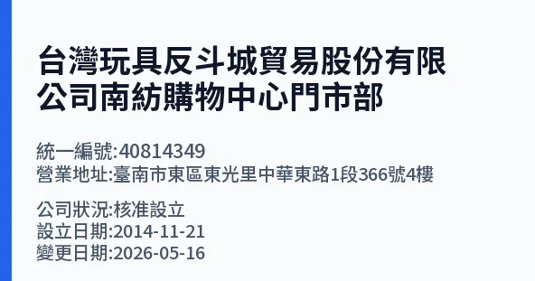 台灣玩具反斗城貿易股份有限公司南紡購物中心門市部的照片-統編 40814349(臺南市) 公司登記資料與營業項目詳細圖表