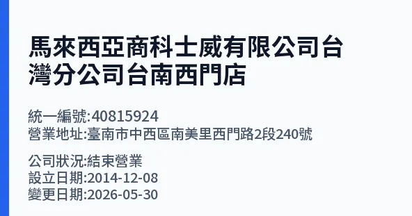 馬來西亞商科士威有限公司台灣分公司台南西門店的照片-統編 40815924(臺南市) 公司登記資料與營業項目詳細圖表