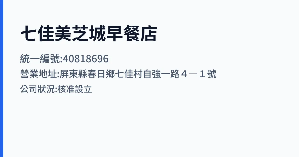 七佳美芝城早餐店 - 統編 40818696(屏東縣) 公司登記資料與營業項目詳細圖表
