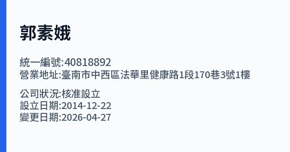 郭素娥的照片-統編 40818892(臺南市) 公司登記資料與營業項目詳細圖表