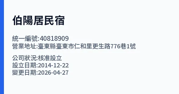 伯陽居民宿的照片-統編 40818909(臺東縣) 公司登記資料與營業項目詳細圖表