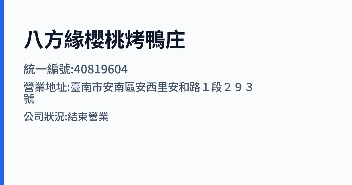 八方緣櫻桃烤鴨庄 - 統編 40819604(臺南市) 公司登記資料與營業項目詳細圖表