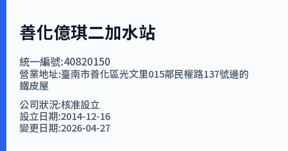 善化億琪二加水站的照片-統編 40820150(臺南市) 公司登記資料與營業項目詳細圖表