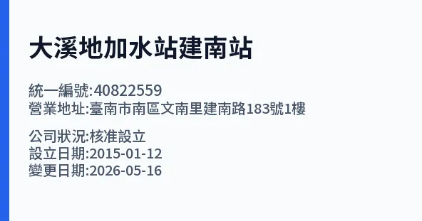 大溪地加水站建南站的照片-統編 40822559(臺南市) 公司登記資料與營業項目詳細圖表