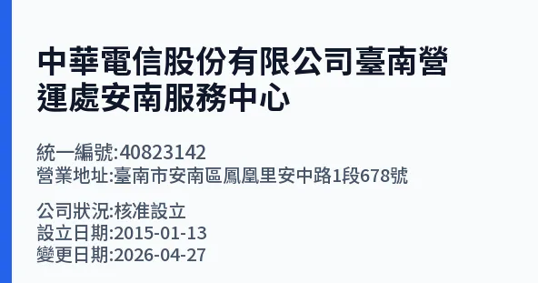 中華電信股份有限公司臺南營運處安南服務中心的照片-統編 40823142(臺南市) 公司登記資料與營業項目詳細圖表