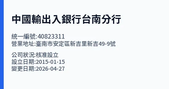 中國輸出入銀行台南分行的照片-統編 40823311(臺南市) 公司登記資料與營業項目詳細圖表