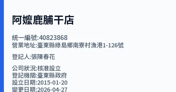 阿嬤鹿脯干店的照片-統編 40823868(臺東縣) 公司登記資料與營業項目詳細圖表
