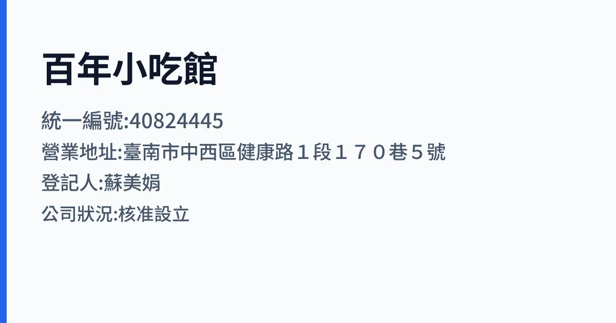 百年小吃館 - 統編 40824445（臺南市） 公司登記資料與營業項目詳細圖表