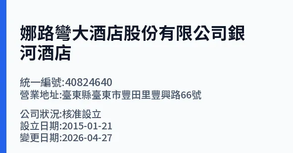 娜路彎大酒店股份有限公司銀河酒店的照片-統編 40824640(臺東縣) 公司登記資料與營業項目詳細圖表