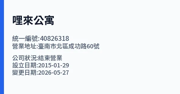 哩來公寓的照片-統編 40826318(臺南市) 公司登記資料與營業項目詳細圖表