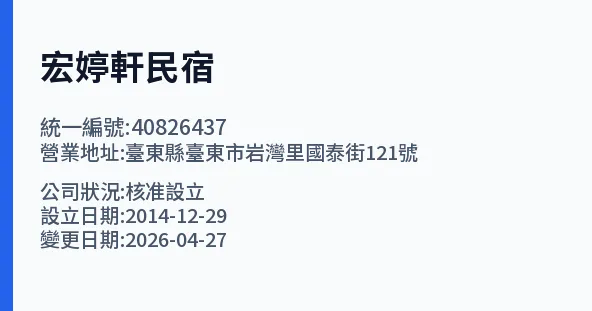 宏婷軒民宿的照片-統編 40826437(臺東縣) 公司登記資料與營業項目詳細圖表