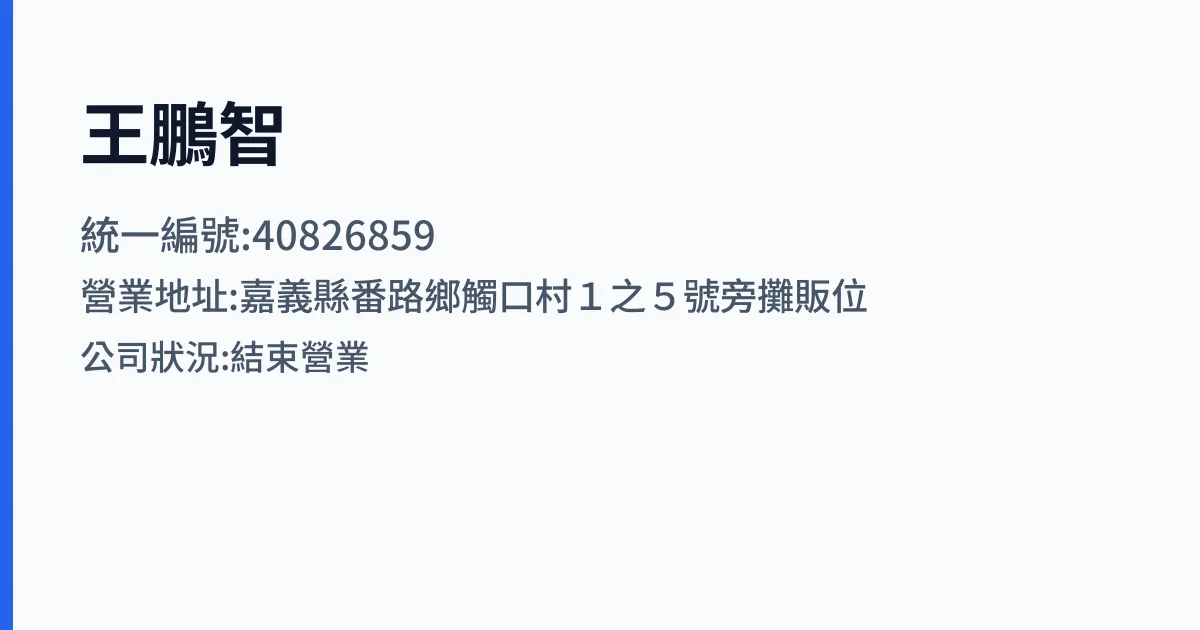 王鵬智 - 統編 40826859(嘉義縣) 公司登記資料與營業項目詳細圖表