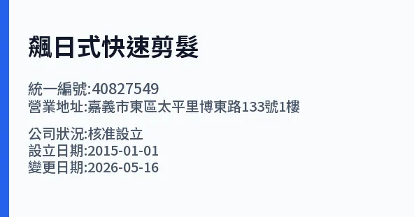 飆日式快速剪髮的照片-統編 40827549(嘉義市) 公司登記資料與營業項目詳細圖表