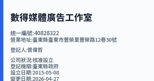 數得媒體廣告工作室的照片-統編 40828322(臺東縣) 公司登記資料與營業項目詳細圖表