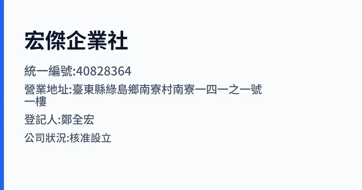 宏傑企業社 - 統編 40828364(臺東縣) 公司登記資料與營業項目詳細圖表