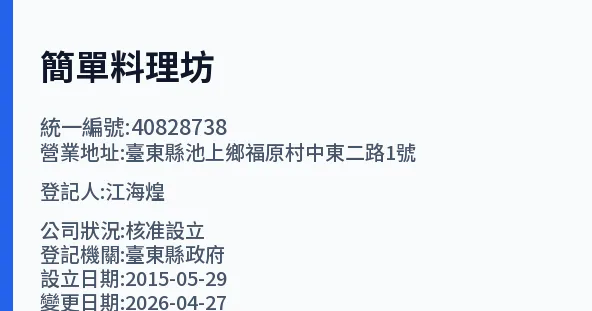 簡單料理坊的照片-統編 40828738(臺東縣) 公司登記資料與營業項目詳細圖表