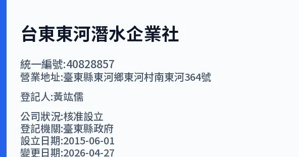 台東東河潛水企業社的照片-統編 40828857(臺東縣) 公司登記資料與營業項目詳細圖表