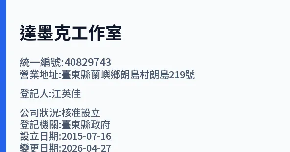 達墨克工作室的照片-統編 40829743(臺東縣) 公司登記資料與營業項目詳細圖表