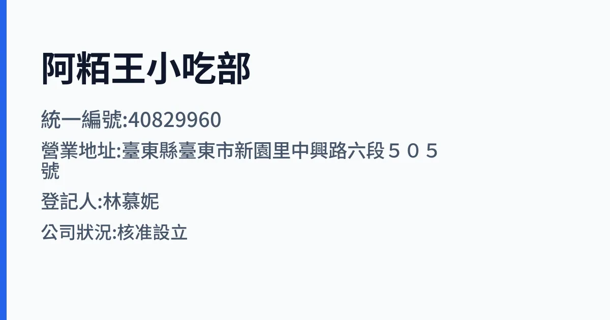阿粨王小吃部 - 統編 40829960(臺東縣) 公司登記資料與營業項目詳細圖表