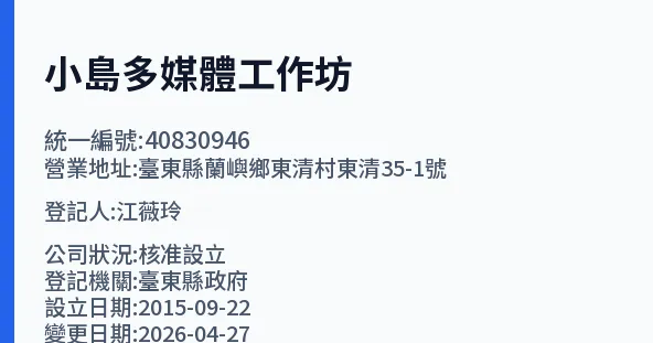 小島多媒體工作坊的照片-統編 40830946(臺東縣) 公司登記資料與營業項目詳細圖表