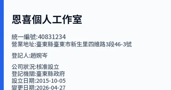 恩喜個人工作室的照片-統編 40831234(臺東縣) 公司登記資料與營業項目詳細圖表