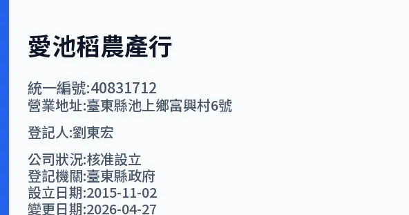 愛池稻農產行的照片-統編 40831712(臺東縣) 公司登記資料與營業項目詳細圖表