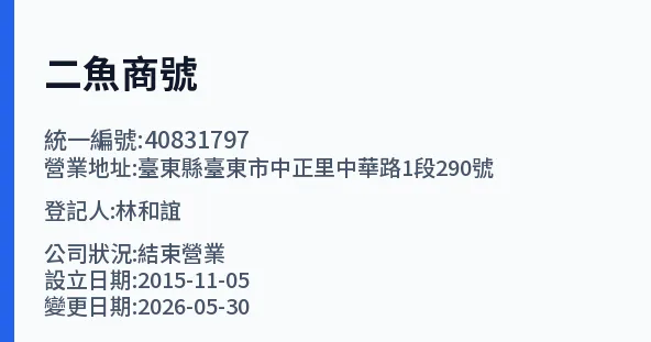 二魚商號的照片-統編 40831797(臺東縣) 公司登記資料與營業項目詳細圖表