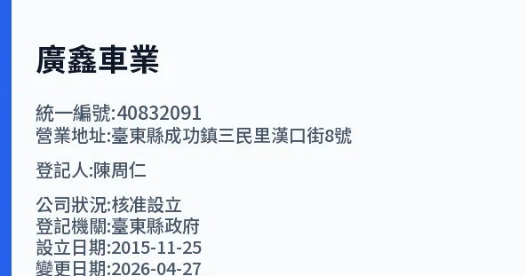 廣鑫車業的照片-統編 40832091(臺東縣) 公司登記資料與營業項目詳細圖表