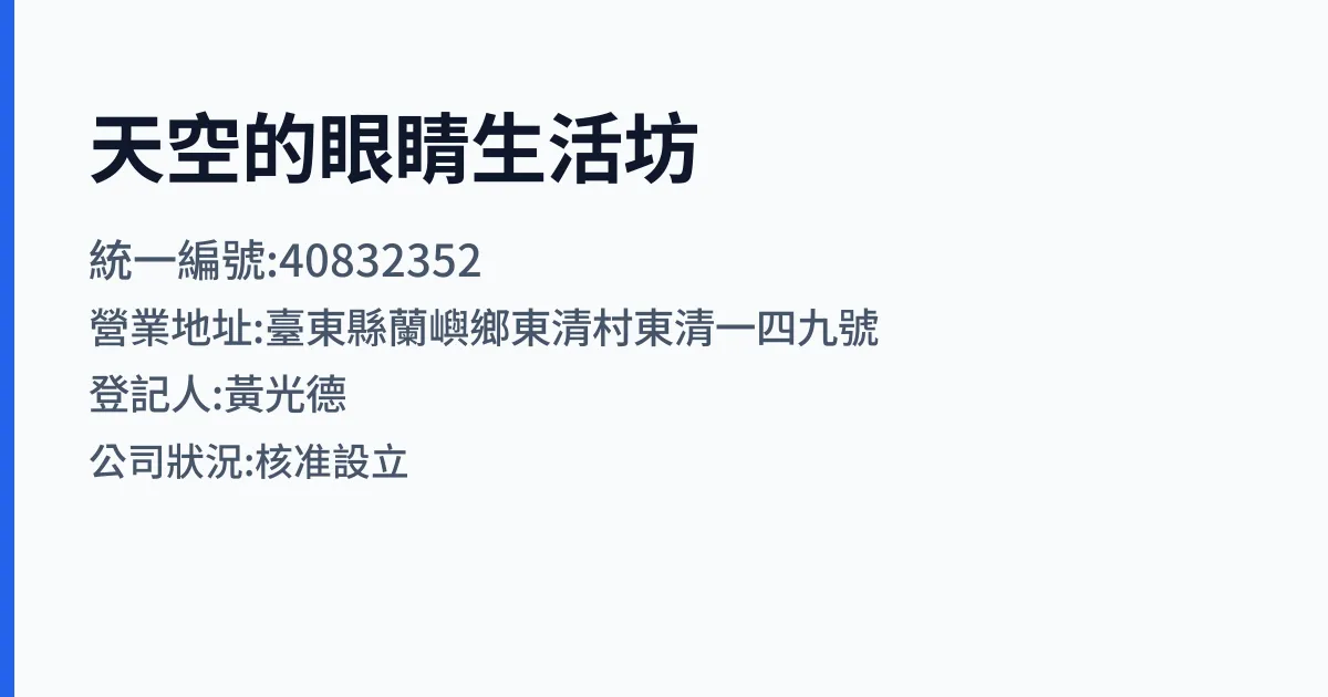 天空的眼睛生活坊 - 統編 40832352(臺東縣) 公司登記資料與營業項目詳細圖表