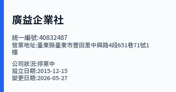 廣益企業社的照片-統編 40832487(臺東縣) 公司登記資料與營業項目詳細圖表