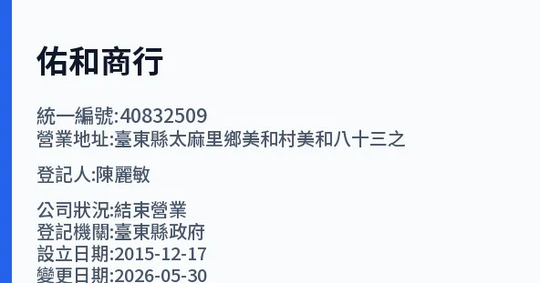 佑和商行的照片-統編 40832509(臺東縣) 公司登記資料與營業項目詳細圖表