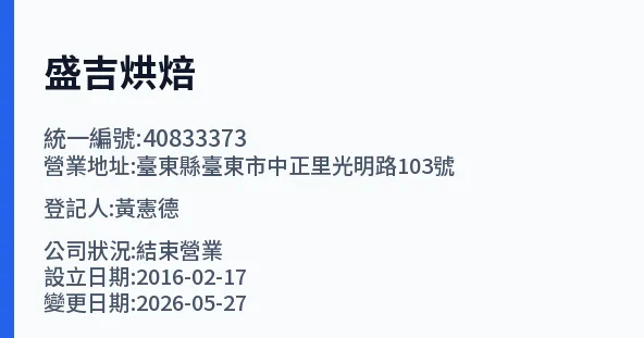 盛吉烘焙的照片-統編 40833373(臺東縣) 公司登記資料與營業項目詳細圖表